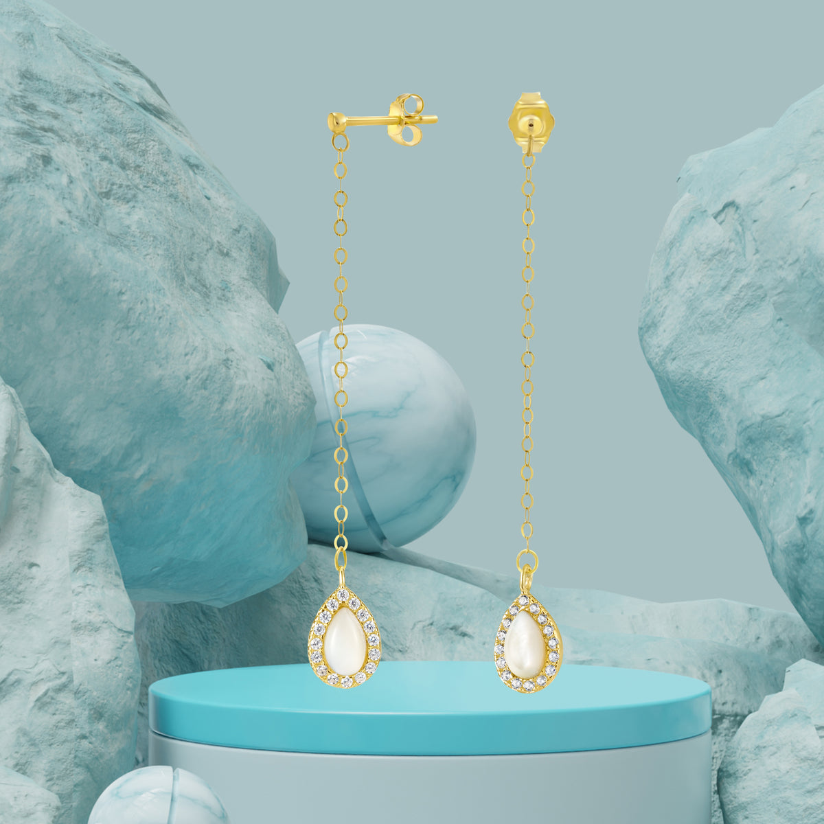 18K Pure Gold Hanging White Earring Set – Tala Gold Collection